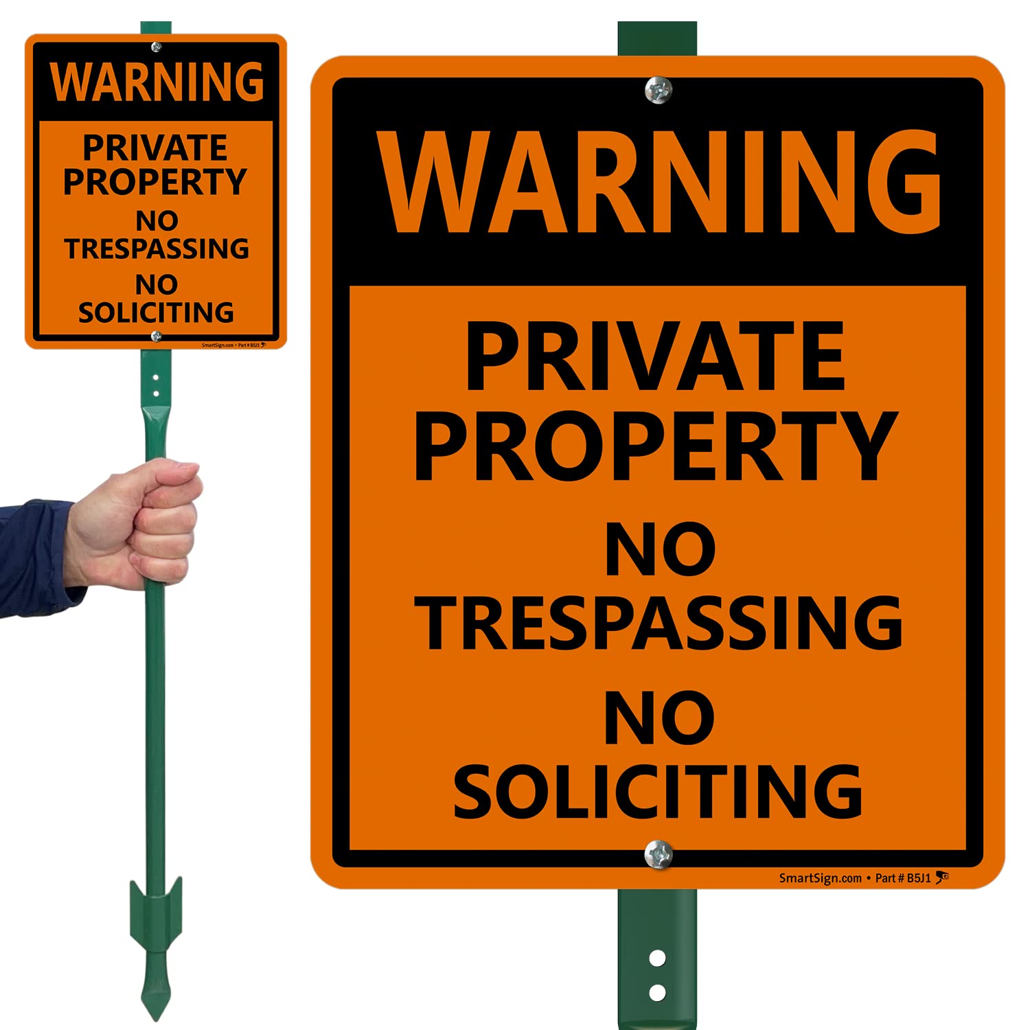 SmartSign "Warning - Private Property, No Trespassing, No Soliciting" LawnBoss® Sign | 10" x 12" Aluminum Sign With 3' Stake