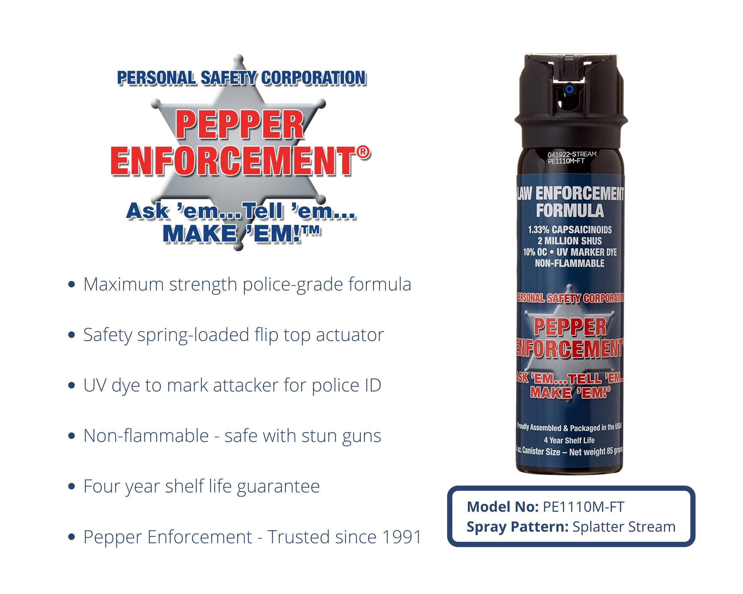 Pepper Enforcement 4 oz. Splatter Stream Pepper Spray for Self Defense 4 Pack - Maximum Strength 10% OC Formula, Flip Top Safety Tactical Design, Personal Protection Devices