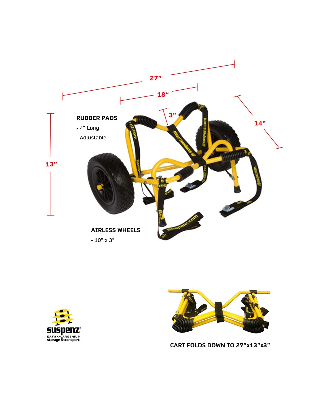 Suspenz Kayak Canoe Transport Trailer, DLX Kayak Cart, Trolley with Airless Wheels and Straps, Weight Capacity 150 lbs, (22-0044)