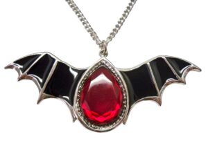 gothic black bat wings and blood red stone pewter pendant necklace