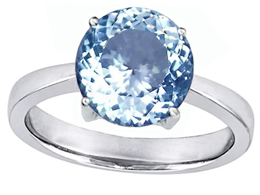 Star K Large Solitaire Big Stone Ring with 10mm Round Simulated Aquamarine Sterling Silver Size 5