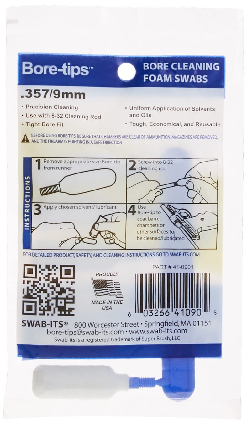 .357cal/.38cal/.380cal/9mm Gun Cleaning Bore-tips® by Swab-its®: Barrel Cleaning Swabs