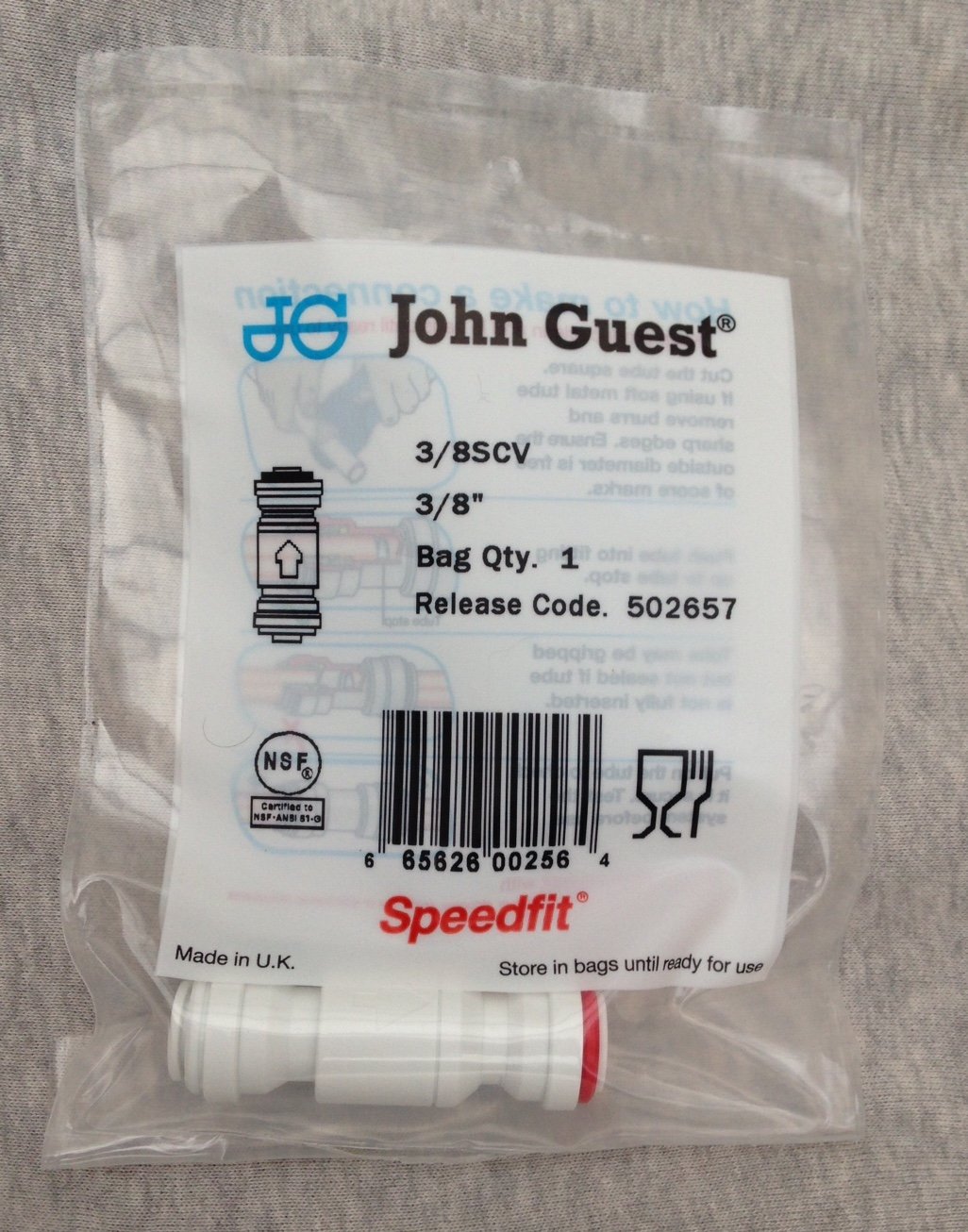 John Guest 3/8" One Way Check Valve RO Reverse Osmosis Water Filter NSF Certified