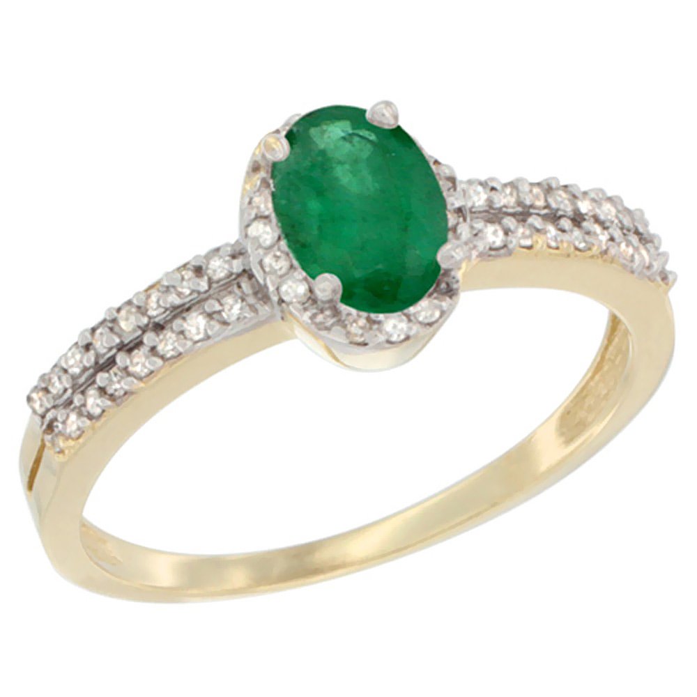 14K Yellow Gold Natural Emerald Ring Oval 6x4mm Diamond Accent, size 10