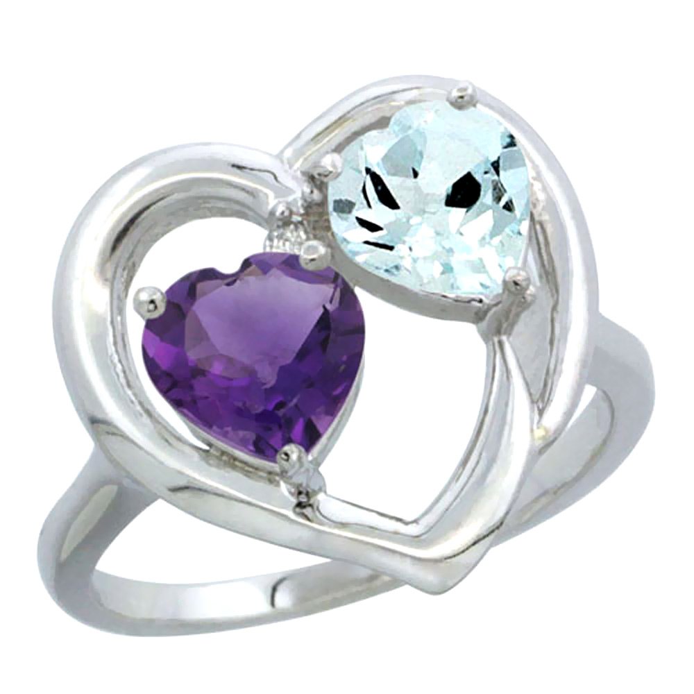 14K White Gold Diamond Two-stone Heart Ring 6mm Natural Amethyst & Aquamarine, size 7.5