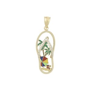 million charms 14k yellow gold beach charm pendant, palm tree beach scene flip-flop with enamel, cut-out