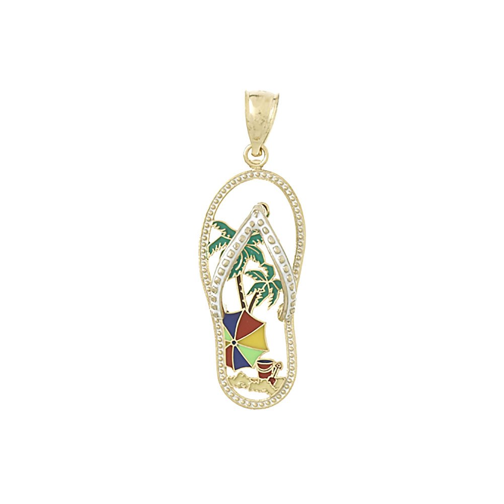 Million Charms 14k Yellow Gold Beach Charm Pendant, Palm Tree Beach Scene Flip-Flop with Enamel, Cut-Out