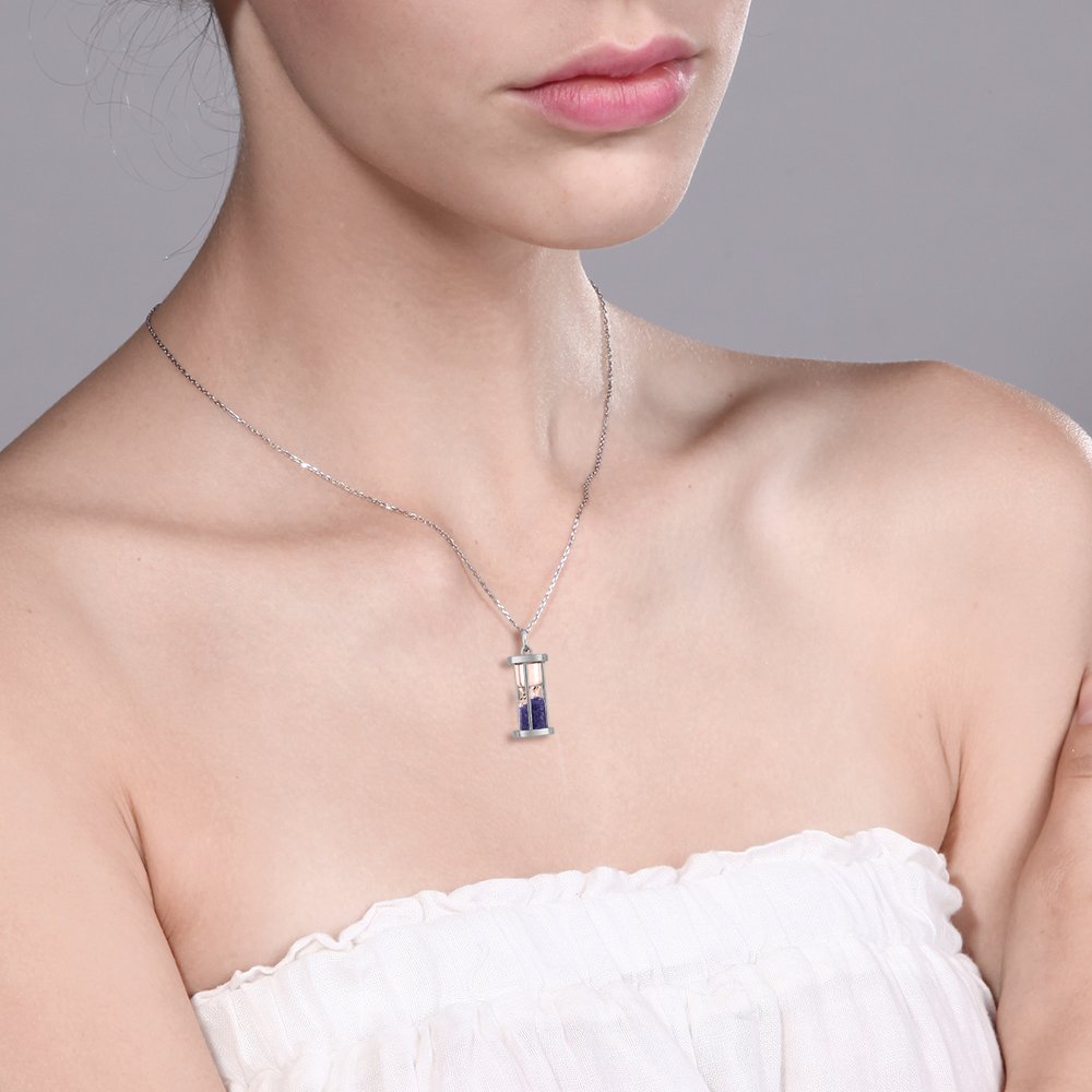 Gem Stone King 925 Sterling Silver Diamond & Gemstone Birthstone Dust Hourglass Necklace For Women With 18 Inch Silver Chain - Color Blue