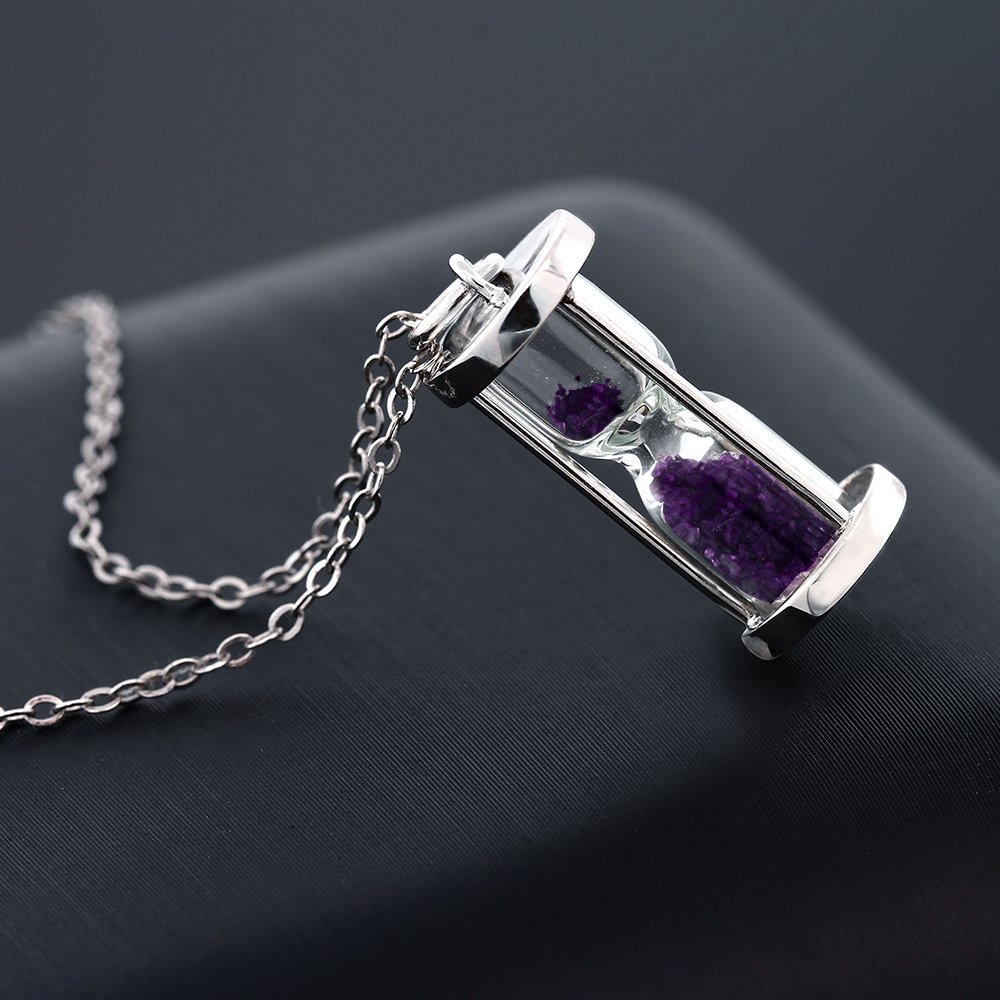 Gem Stone King 925 Sterling Silver Diamond & Gemstone Birthstone Dust Hourglass Necklace For Women With 18 Inch Silver Chain - Purple