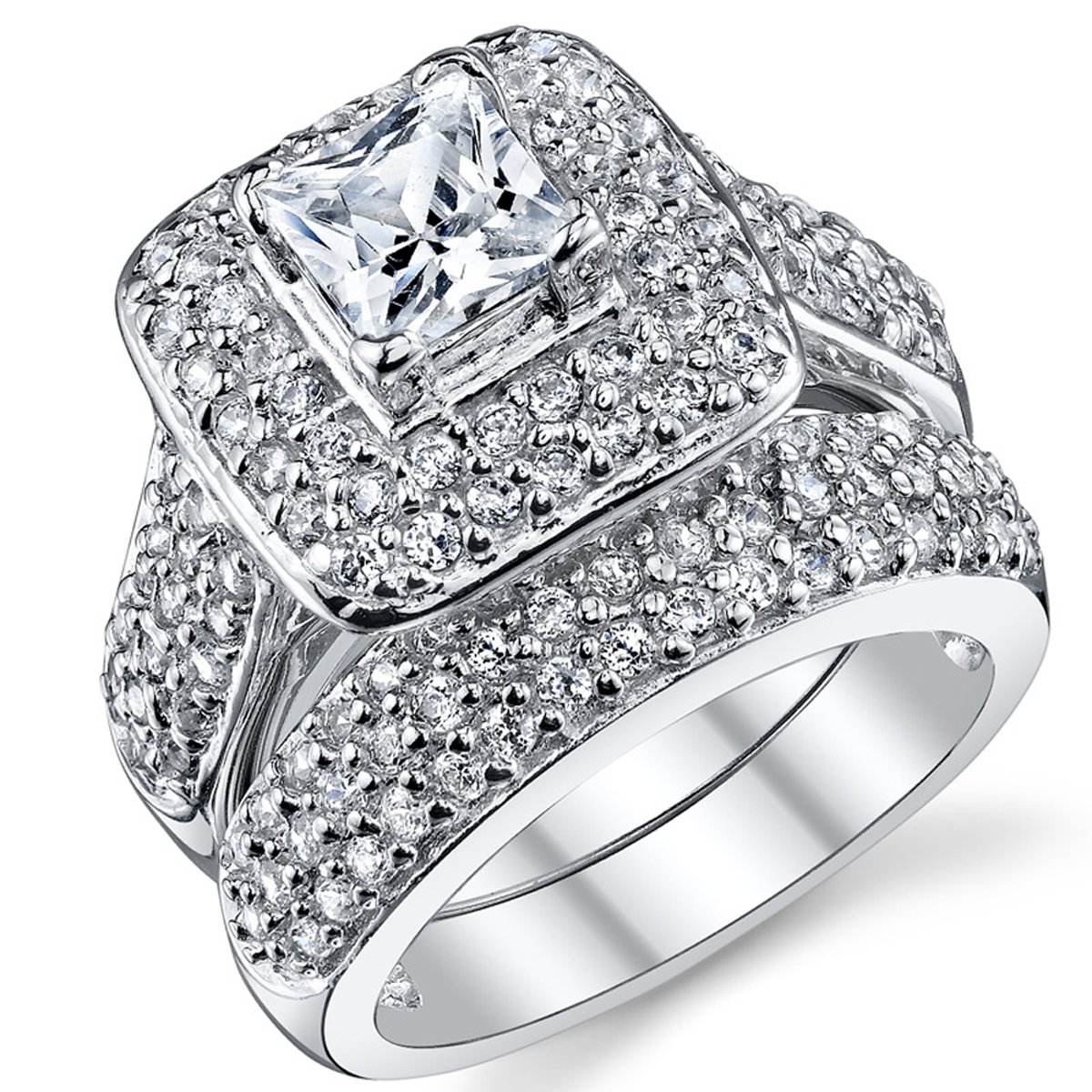 1 Carat Princess Cut Cubic Zirconia Sterling Silver 925 Wedding Engagement Ring Band Set 8