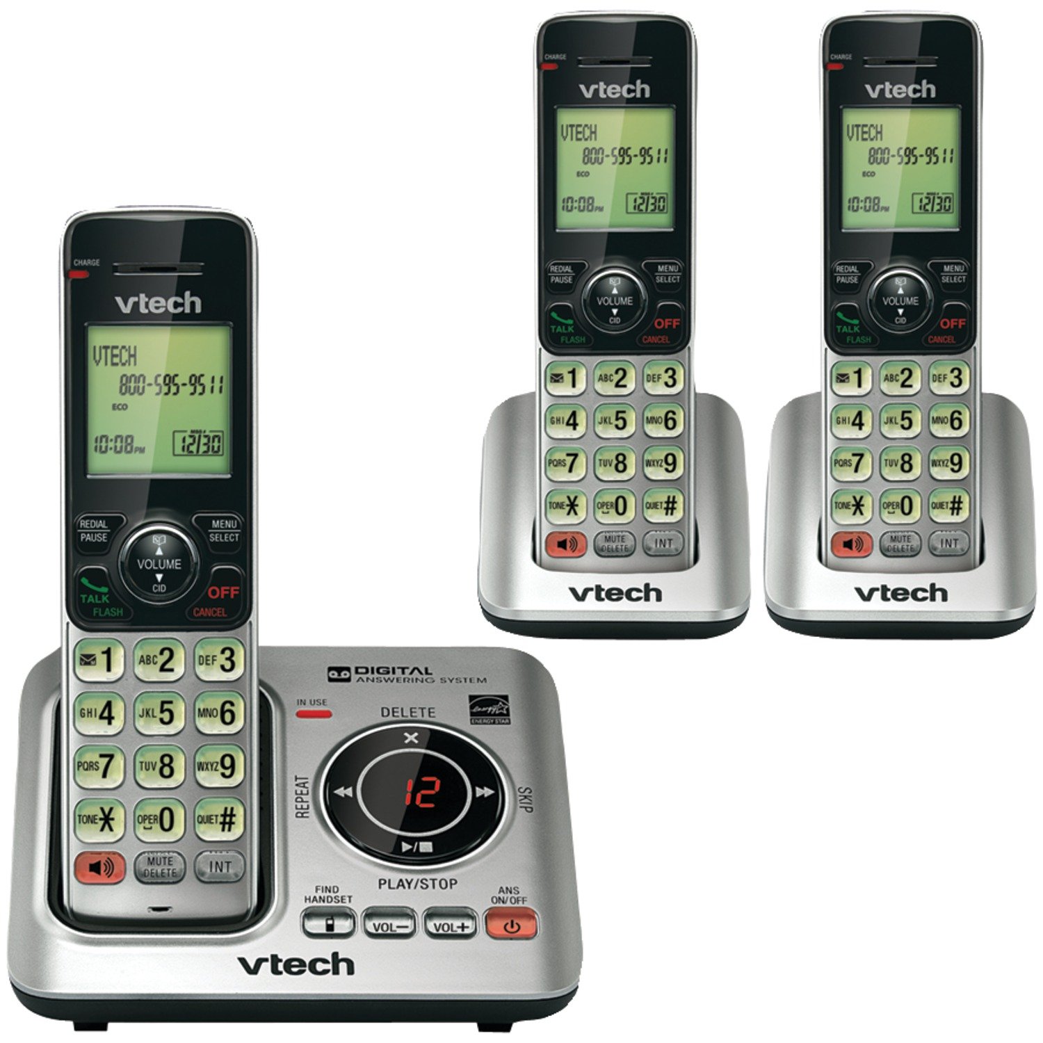 VTech CS6629-3 DECT 6.0 Expandable Cordless Phone with Answering System and Caller ID/Call Waiting, Silver with 3 Handsets, 6.9" x 6.7" x 5.2"