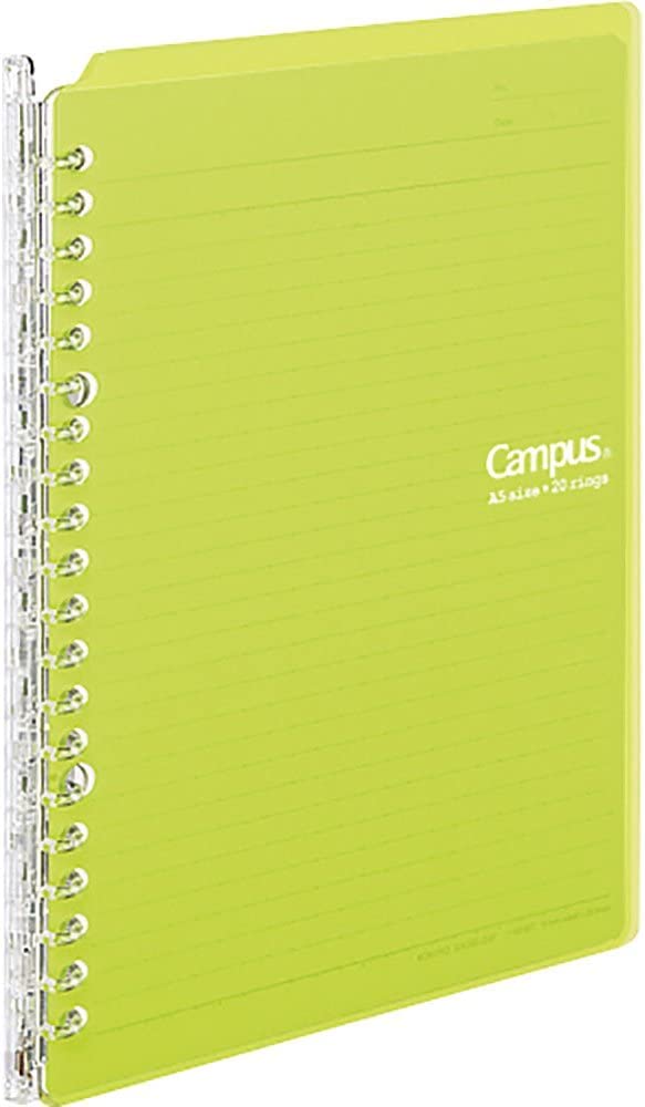 Kokuyo Campus Smart Ring Binder, A5 Yellow Green Binder Notebook Up to 25 Sheets 20 Holes Slim Binder Folder with 10 Extra Campus Sarasara Loose-Leaf Paper for Work & Study, Japan Import (RU-SP130YG)