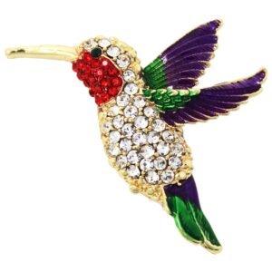 large hummingbird crystal brooch pin with sparkly multicolor rhinestones, unique bird costume jewelry or hummingbird gift for women