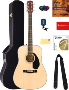 fender cd-60s solid top dreadnought acoustic guitar - natural bundle with hard case, tuner, strap, strings, picks, polishing cloth, and austin bazaar instructional dvd