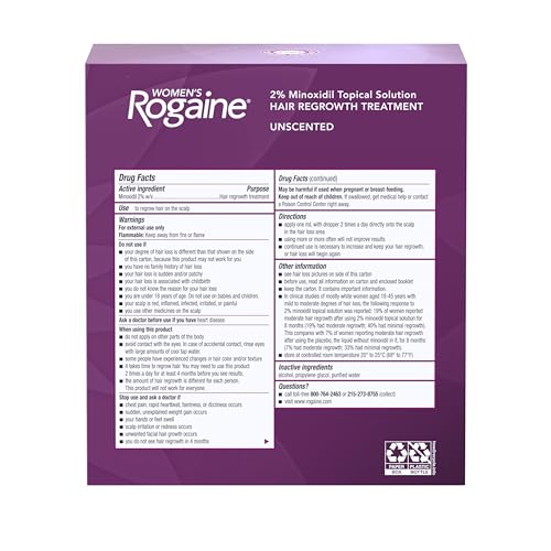 Rogaine Women's 2% Minoxidil Topical Solution for Womens Hair Thinning and Loss & Hair Regrowth, 3-Month Supply, 4 Piece Set, Unscented, 6 Fl Oz