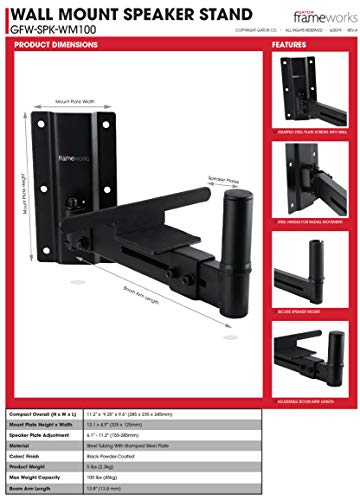 Gator Frameworks Adjustable Studio Speaker Wall Mount; Fits Both 38mm and 35mm Speaker Mounts (GFW-SPK-WM100)