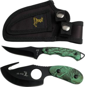 elk ridge-outdoors 2-pc fixed blade hunting knife set-black stainless steel skinner&gut hook blades,camo coated nylon fiber handles,nylon sheath-hunting,survival-er-300ca,7-inch/6.5-inch overall