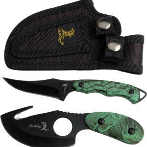 Elk Ridge-Outdoors 2-PC Fixed Blade Hunting Knife Set-Black Stainless Steel Skinner&Gut Hook Blades,Camo Coated Nylon Fiber Handles,Nylon Sheath-Hunting,Survival-ER-300CA,7-Inch/6.5-Inch Overall