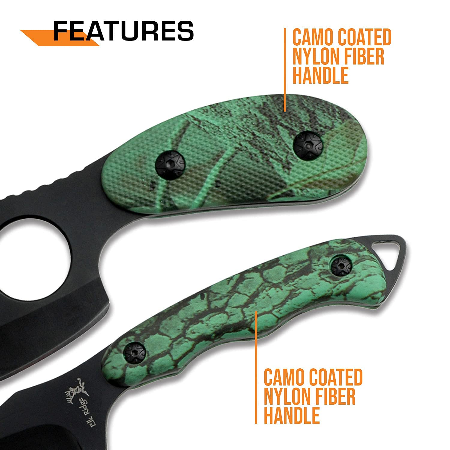 Elk Ridge-Outdoors 2-PC Fixed Blade Hunting Knife Set-Black Stainless Steel Skinner&Gut Hook Blades,Camo Coated Nylon Fiber Handles,Nylon Sheath-Hunting,Survival-ER-300CA,7-Inch/6.5-Inch Overall