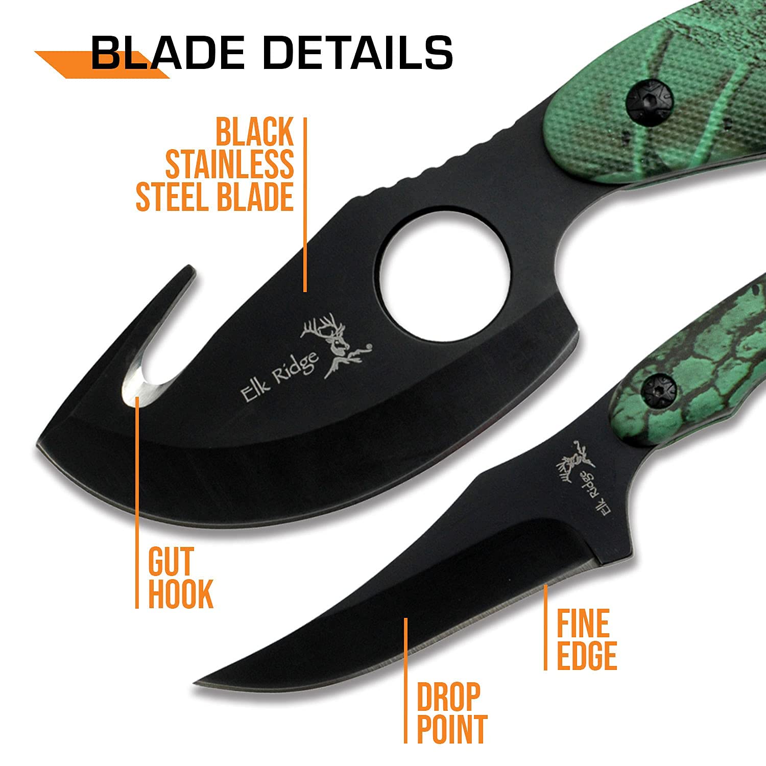 Elk Ridge-Outdoors 2-PC Fixed Blade Hunting Knife Set-Black Stainless Steel Skinner&Gut Hook Blades,Camo Coated Nylon Fiber Handles,Nylon Sheath-Hunting,Survival-ER-300CA,7-Inch/6.5-Inch Overall