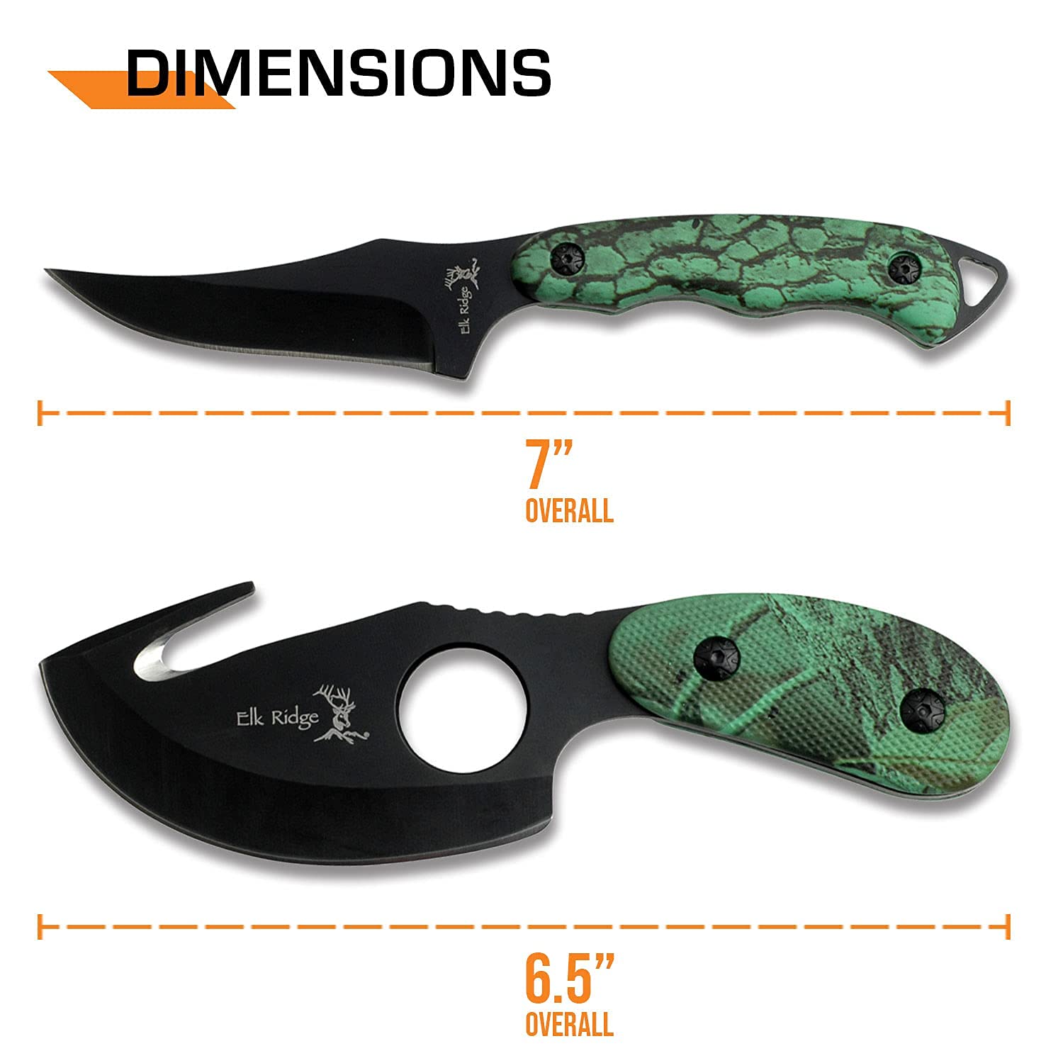 Elk Ridge-Outdoors 2-PC Fixed Blade Hunting Knife Set-Black Stainless Steel Skinner&Gut Hook Blades,Camo Coated Nylon Fiber Handles,Nylon Sheath-Hunting,Survival-ER-300CA,7-Inch/6.5-Inch Overall