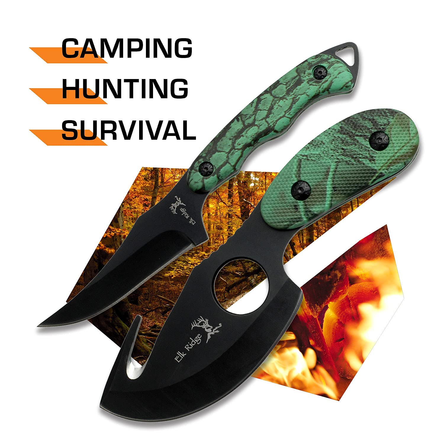 Elk Ridge-Outdoors 2-PC Fixed Blade Hunting Knife Set-Black Stainless Steel Skinner&Gut Hook Blades,Camo Coated Nylon Fiber Handles,Nylon Sheath-Hunting,Survival-ER-300CA,7-Inch/6.5-Inch Overall