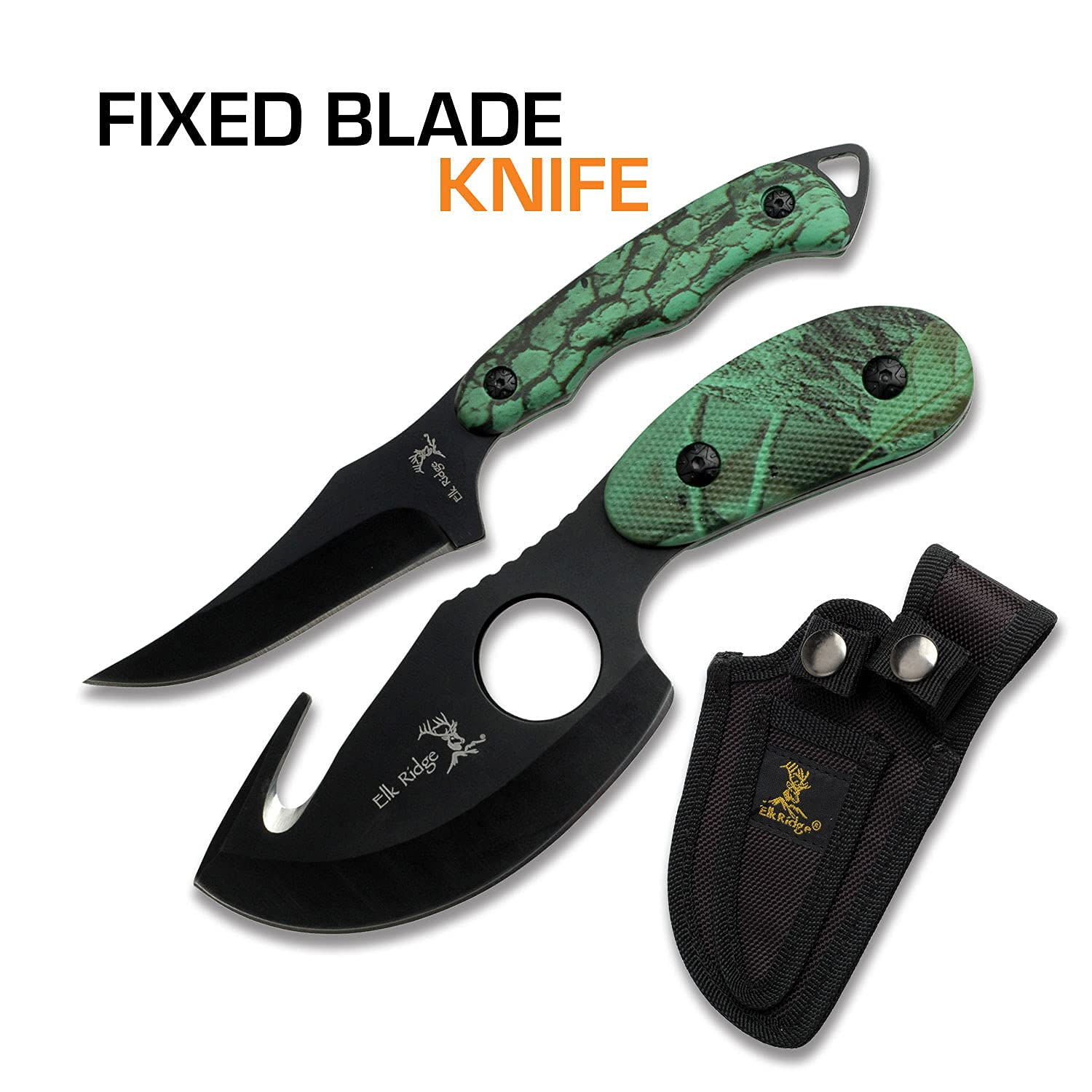 Elk Ridge-Outdoors 2-PC Fixed Blade Hunting Knife Set-Black Stainless Steel Skinner&Gut Hook Blades,Camo Coated Nylon Fiber Handles,Nylon Sheath-Hunting,Survival-ER-300CA,7-Inch/6.5-Inch Overall