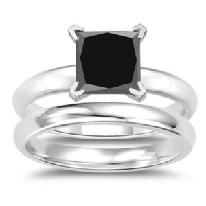 1.00 Ct Princess Cut Black Diamond Engagement and Plain Wedding (3mm comfort fit) Ring Set in Sterling Silver-8.5