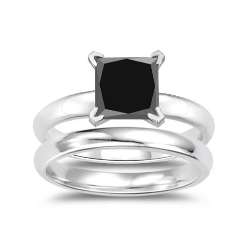 1.00 Ct Princess Cut Black Diamond Engagement and Plain Wedding (3mm comfort fit) Ring Set in Sterling Silver-8.5