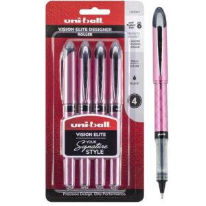 uniball vision elite rollerball pens, black pens 4-pack - stylish bold pens with 0.8mm ink, ink black pen, school pens, smooth writing pens, school and office supplies