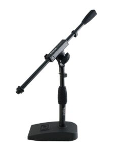 gator frameworks short weighted base microphone stand with soft grip twist clutch, boom arm, and both 3/8" and 5/8" mounts; base dimensions - 4.5" x 8" (gfw-mic-0821)