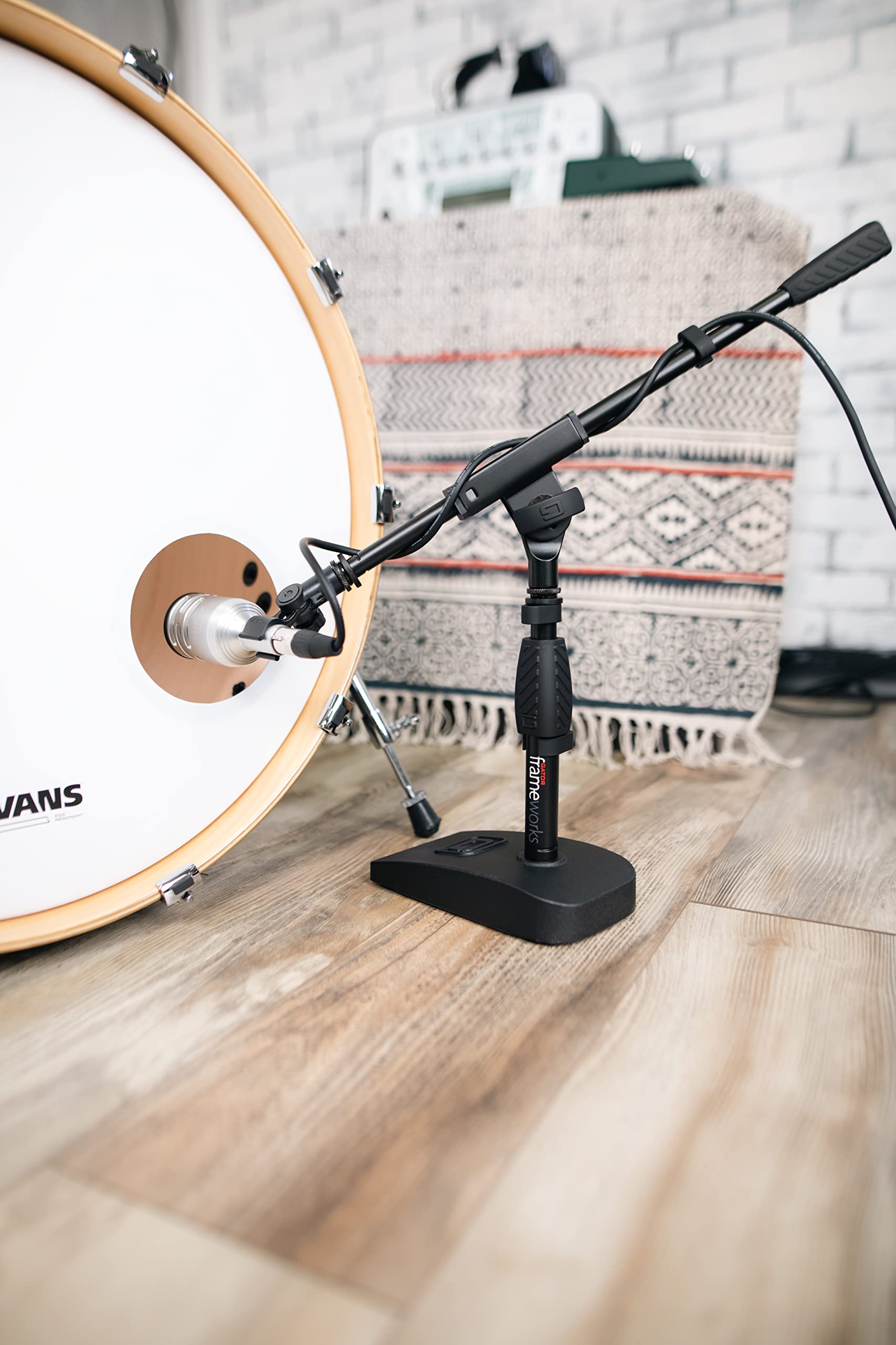 Gator Frameworks Short Weighted Base Microphone Stand with Soft Grip Twist Clutch, Boom arm, and both 3/8" and 5/8" Mounts; Base Dimensions - 4.5" X 8" (GFW-MIC-0821)