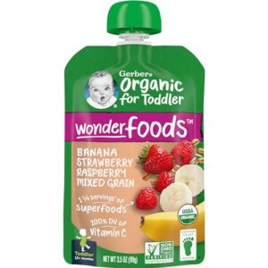 gerber organic baby food pouches, toddler, wonderfoods, banana red berries granola, 3.5 ounce (pack of 12)