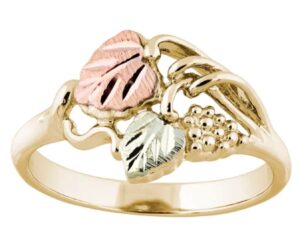 heart leaf grape cluster ring, 10k yellow gold, 12k green and rose gold black hills gold motif, size 9.5