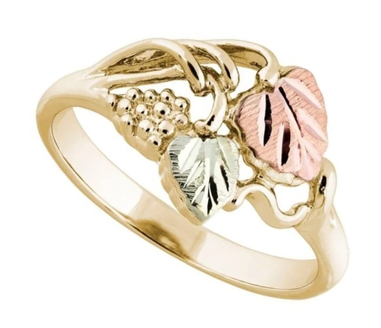 Heart Leaf Grape Cluster Ring, 10k Yellow Gold, 12k Green and Rose Gold Black Hills Gold Motif, Size 9.5