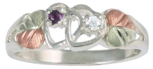 amethyst and diamond double hearts ring, sterling silver, 12k green and rose gold black hills gold motif, size 7.25