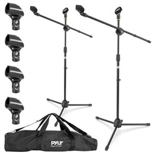 pyle universal adjustable tripod microphone stand - pair of heavy duty lightweight professional compact extendable stage studio floor standing boom mic holder w/ carry bag, 5/8" adapter - pmkskt35