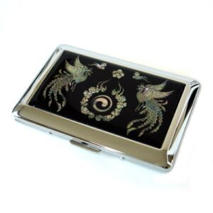 mother of pearl phoenix yin yang design black engraved metal stainless steel cigarette holder case storage box