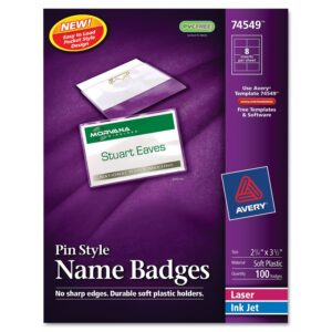 avery 74549 name badge kit,easy pkt,pin,top load,2-1/4-inch x3-1/2-inch,100/bx,we