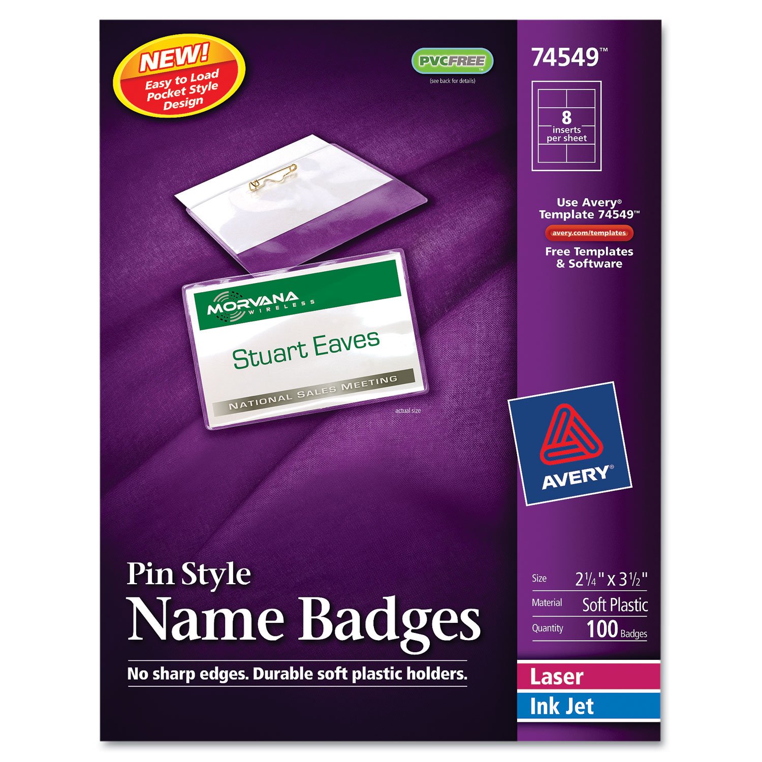 Avery 74549 Name Badge Kit,Easy Pkt,Pin,Top Load,2-1/4-Inch x3-1/2-Inch,100/BX,WE