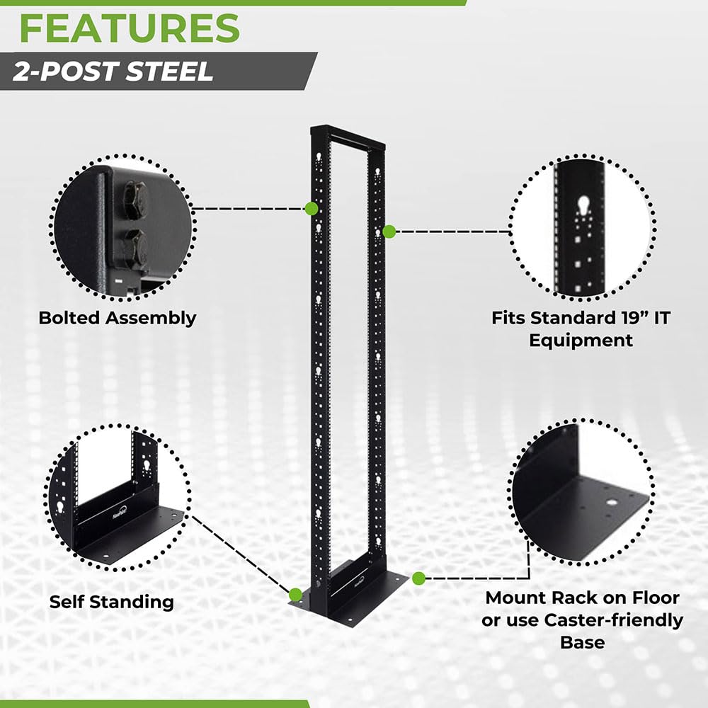 NavePoint 45U 2 Post Open Frame Server Rack for 19 Inch Equipment, AV, Networking, Data & IT Devices, 2-Post Rack 45U 881lbs Weight Capacity, Black