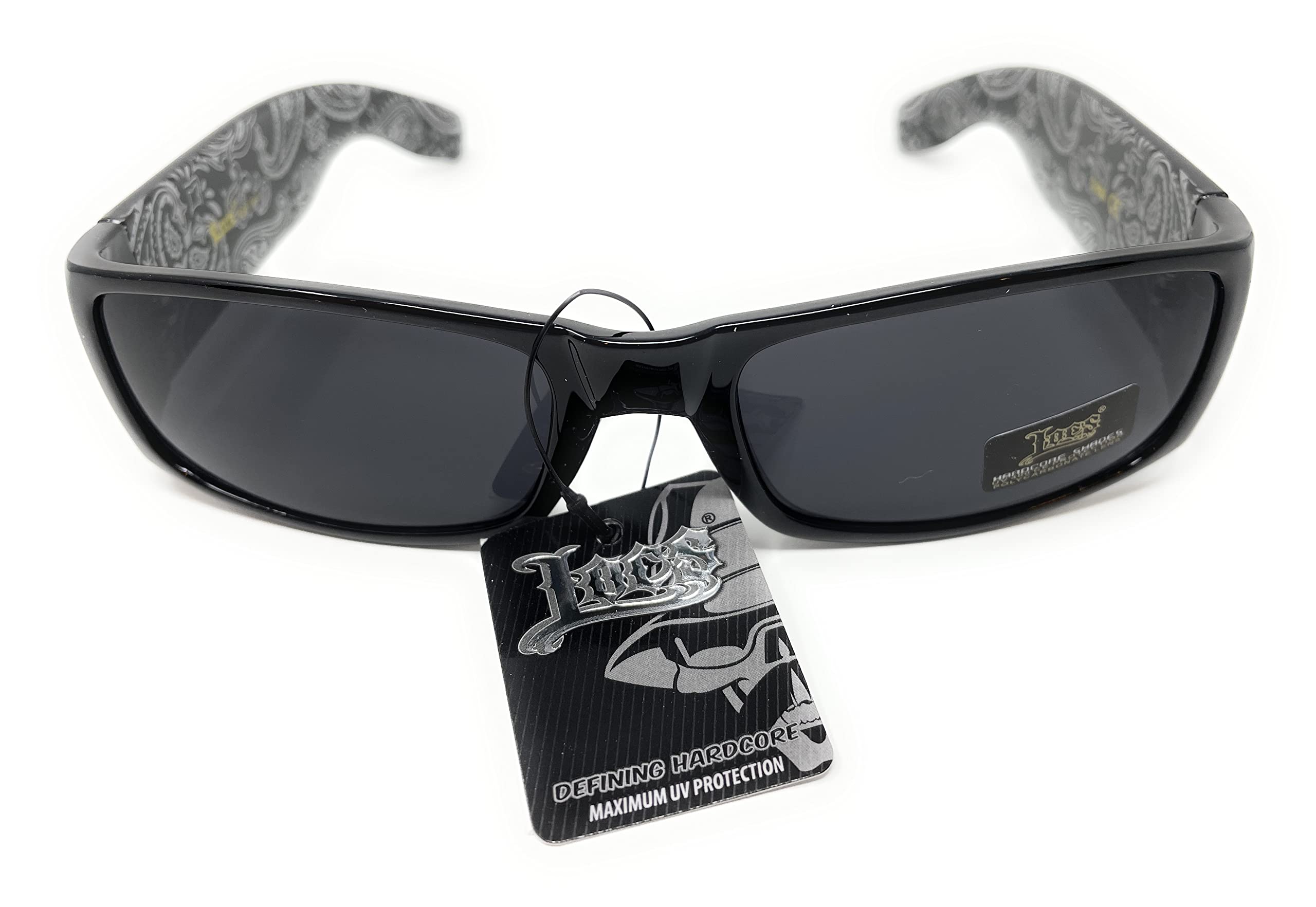 Locs Mens Hardcore Wrap Around Sunglasses with Bandana Print Inside, Black - Black Inside, Medium