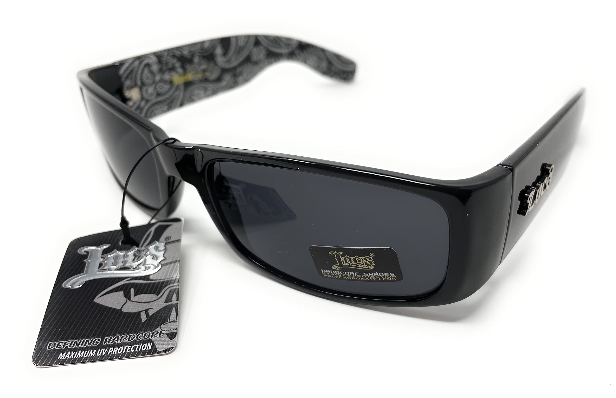 Locs Mens Hardcore Wrap Around Sunglasses with Bandana Print Inside, Black - Black Inside, Medium