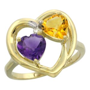 10k yellow gold heart ring 6mm natural amethyst & citrine diamond accent, size 8.5