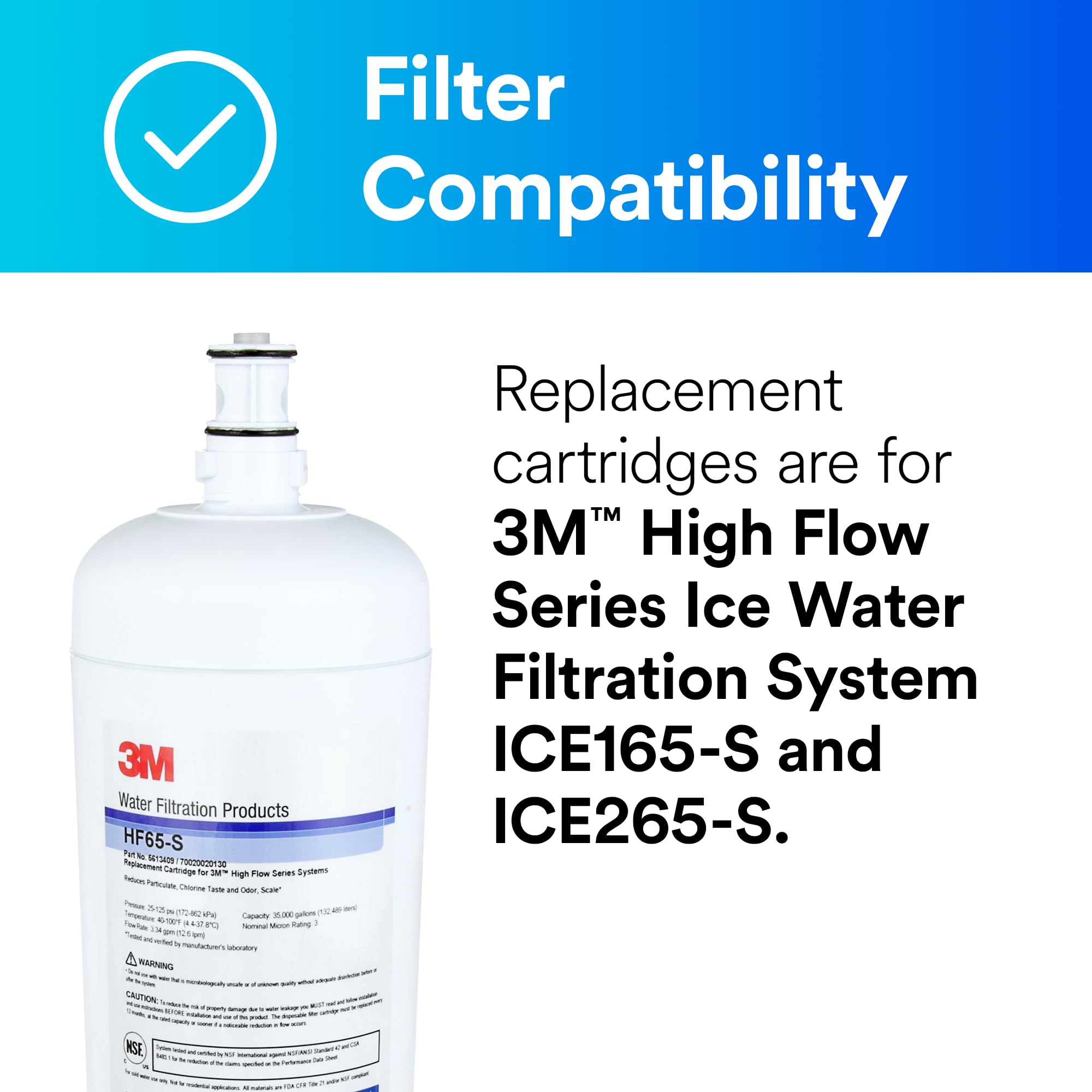 3M Water Filtration Replacement Cartridge HF65-S for Ice Series ICE165-S and ICE265-S, 5613409