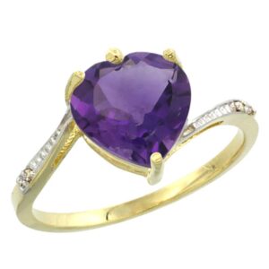 14k yellow gold natural amethyst ring heart 9x9mm diamond accent, size 9.5