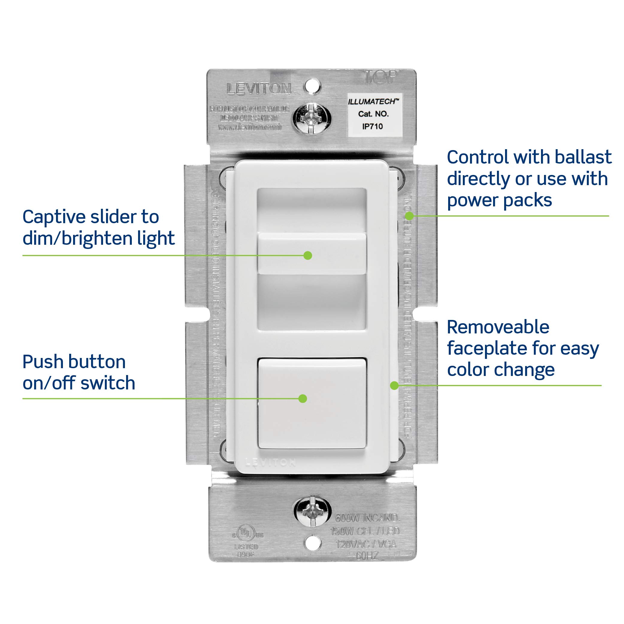 Leviton IP710-LFZ IllumaTech Slide Dimmer for LED 0-10V Power Supplies, 1200VA, 10A LED, 120/277 VAC, White w/ Color Change Kits Included, Image