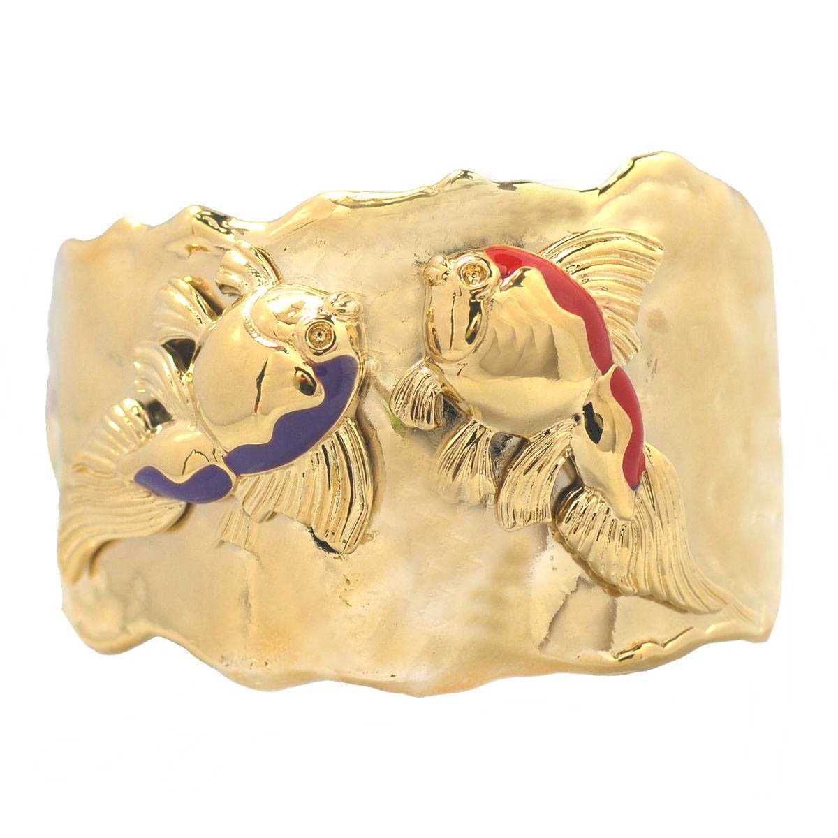 De Buman 14k Yellow Gold Plated Fishes Enamel Cuff Bracelet