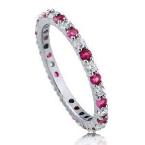 berricle sterling silver simulated ruby pave set cubic zirconia cz stackable fashion anniversary eternity ring for women, rhodium plated size 6