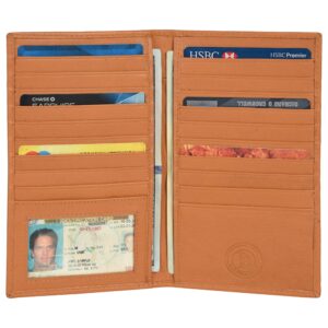 leatherboss genuine leather credit card holder tall wallet with 18 credit card slots for men women, tan